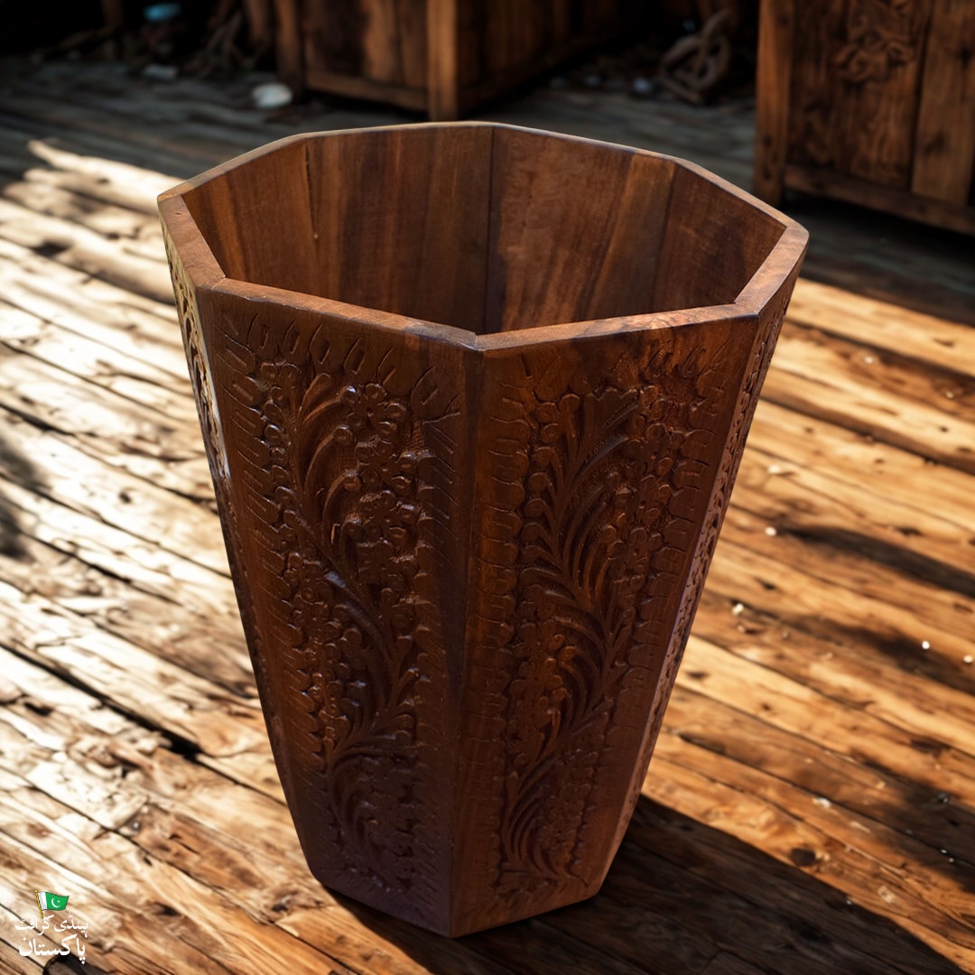 Wooden Carved Wooden Waste Bin - Handicraft Pakistan